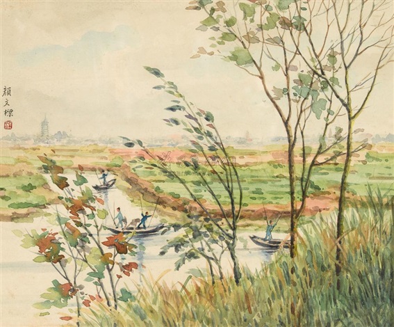 Paddy field with temple by Yan Wenliang on artnet