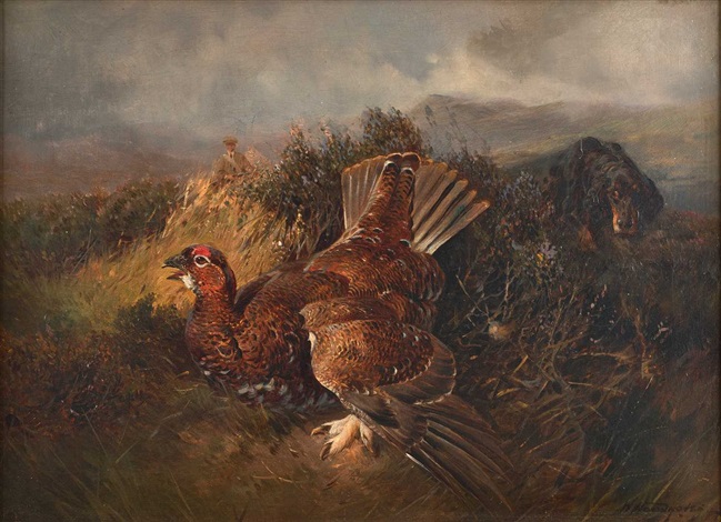 Sportsman and dog walking up grouse by William Woodhouse on artnet