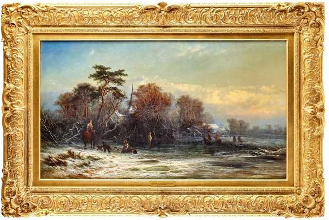 Snow-bound river landscape with figures at dusk by George Augustus ...