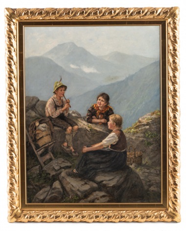 A peasant boy and two girls in an alpine landscape by Albert Müller ...