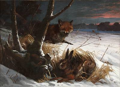 Winter landscape with a fox and a hare by Adolf Heinrich Mackeprang on ...