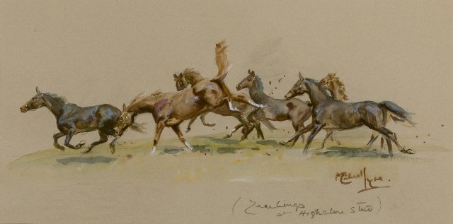 Yearlings at Highclere Stud Signed Michael Lyne and inscribed as titled ...