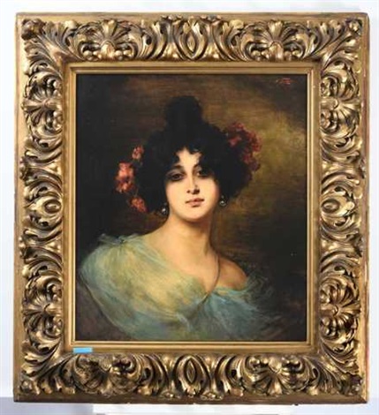 Portrait of a lady in a blue dress, her hair adorned with flowers by ...