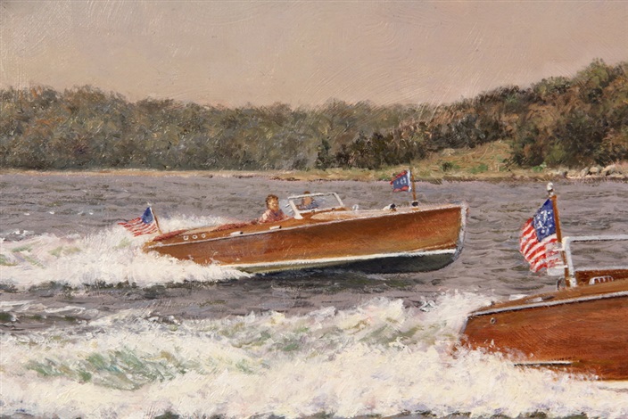 Chris-Craft Runabouts, depicting two of the classic motorboats racing ...