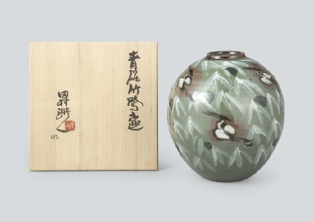 Celadon jar with design of bamboo and heron by Koichi Tamura on artnet