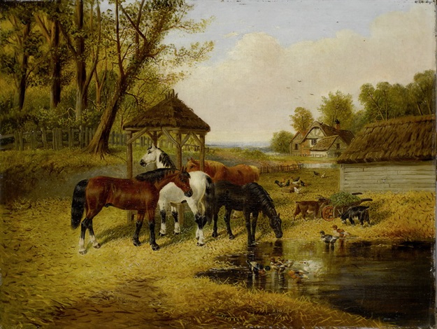 Pferde, Ziegen, Hühner und Enten an einem Teich vor einem Bauernhaus by ...