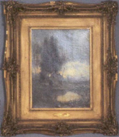 Cottages and pond in landscape at sunset by Alfred Cornelius Howland on ...