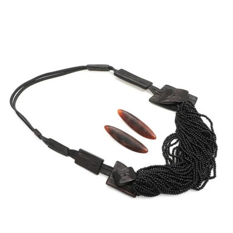 A multi-strand necklace of leather, wood and polished horn with a pair ...