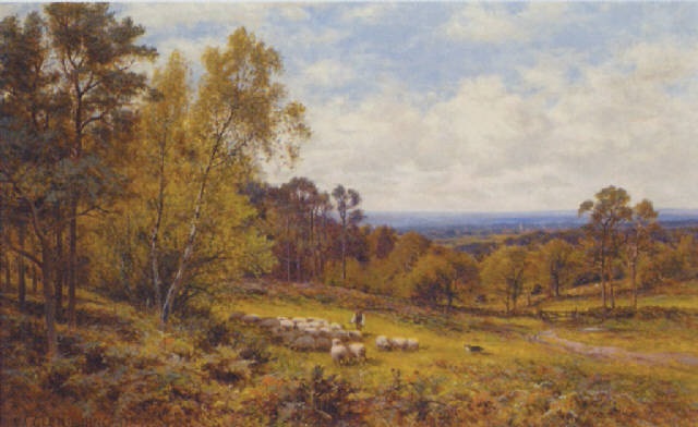 Sheep and shepherd in a Kentish landscape by Alfred Augustus Glendening ...
