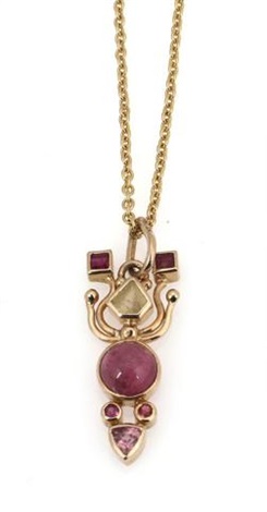 A ruby, tourmaline and spinel pendant set with two carre-cut rubies ...