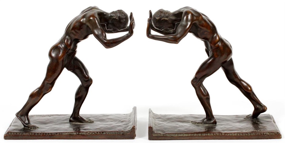 PUSHING MEN BOOKENDS, PAIR by Isidore Konti on artnet