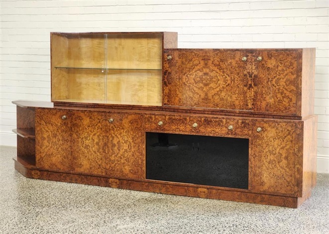 1950s burr walnut bar cabinet sideboard, with sliding glass door ...