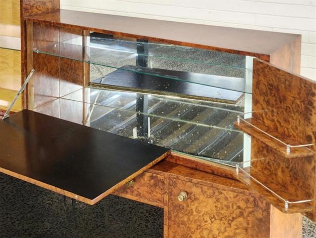 1950s burr walnut bar cabinet sideboard, with sliding glass door ...