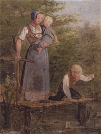 Mor og to born på en bådebro by Johann Julius Exner on artnet