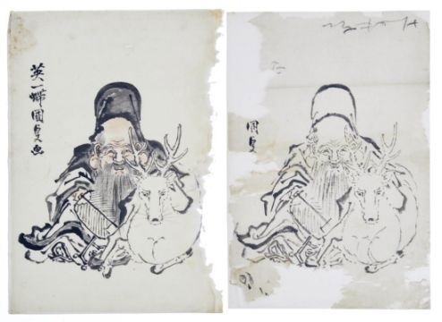 Two preparatory drawings of the god of luck with stag by Utagawa ...