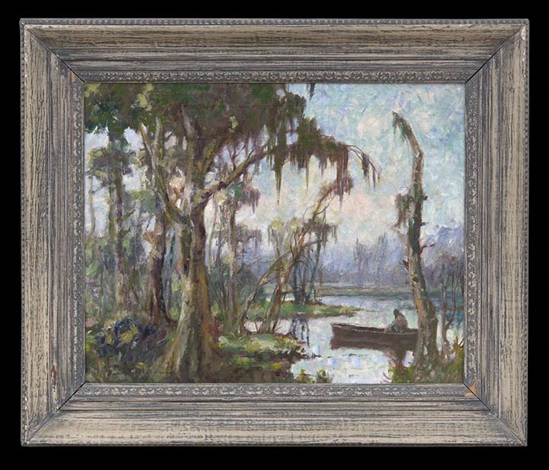 Louisiana Bayou with a Fisherman in a Pirogue by Knute Heldner on artnet