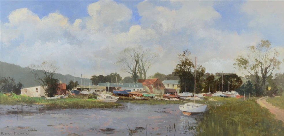 Cottages by river, boatyard and cottages with tree in background 3 ...