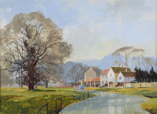 Cottages by river, boatyard and cottages with tree in background 3 ...