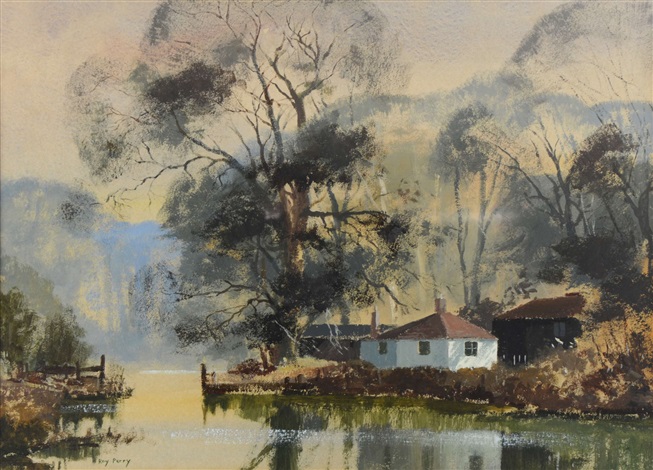 Cottages by river, boatyard and cottages with tree in background 3 ...