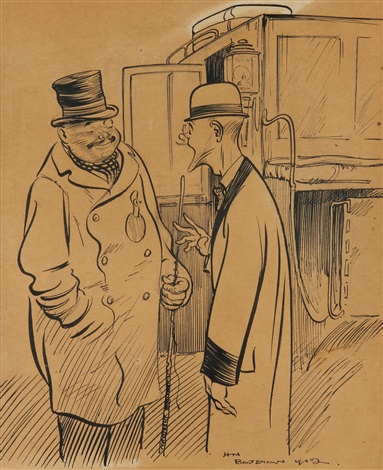 an ink cartoon of a cabby talking to a Foreigner, Arf a Crown Too Much.... by Henry Mayo Bateman ...