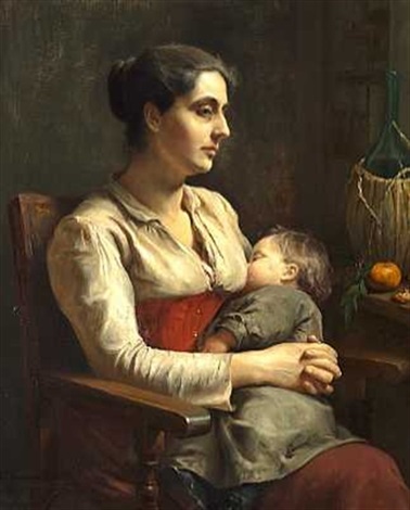 Romersk interior med mor og sovende barn by Ludovica Thornam on artnet