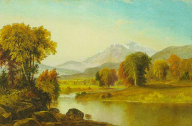 Stream and waterfall in autumn landscape, snow-capped mountains the ...