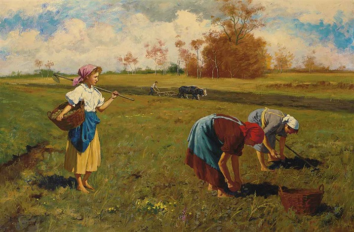 Landarbeiterinnen bei der Kartoffelernte an einem sonnigen Herbsttag by ...