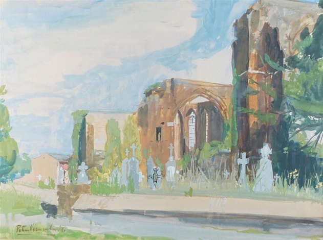 Ruin with cemetery by Petrus Hubertus Antonius Maria (Petran) Vermeulen ...