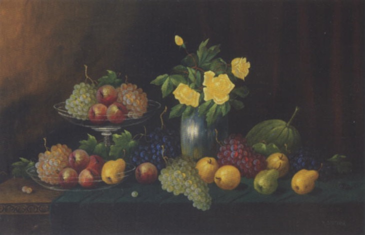 Opstilling med æbler, pærer, druer og gule roser by Rudolf Stoitzner on ...