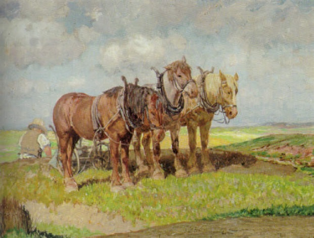 Drei rastende Pferde mit Pflug by Georg Wolf on artnet