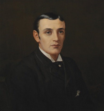 Portrait of Fred Archer seated wearing a black suit and pearl cravat ...