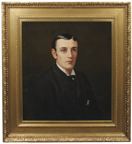 Portrait of Fred Archer seated wearing a black suit and pearl cravat ...