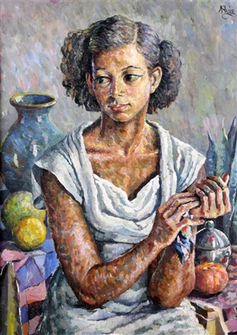 Portrait of a young woman with fruit and pots by Albert Huie on artnet