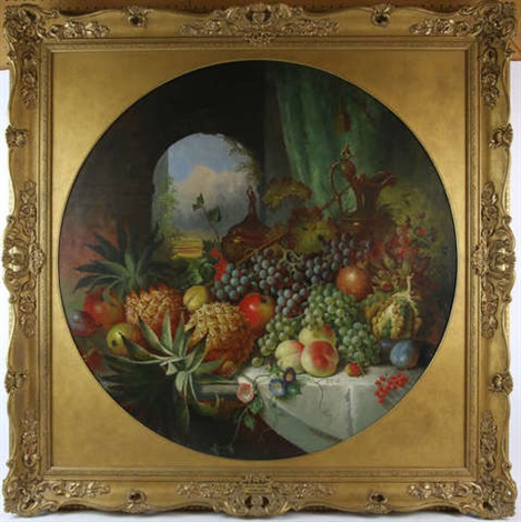 still life with grapes, pineapples and apples with landscape to ...