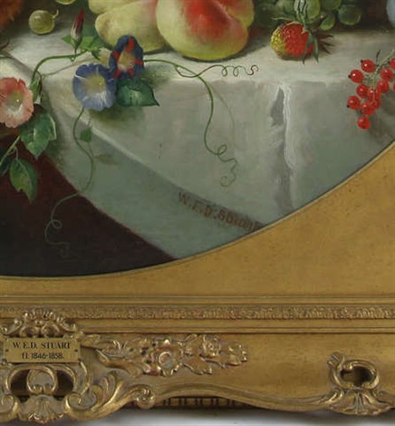 still life with grapes, pineapples and apples with landscape to ...