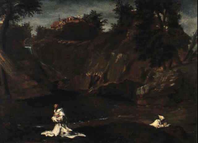 LANDSCHAFT MIT WASSERFALL UND KLOSTER, IM VORDERGRUND ZWEI BETENDE ...