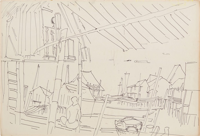 Sketch of kampong scene 甘榜風光 by Chen Wen Hsi on artnet