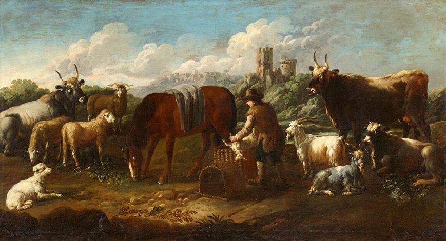White deer hunt Dogs hunting a bull Shepherd with herd, a lamb and a ...
