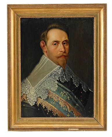 Porträtt av Gustav II Adolf iklädd rustning, guldbroderad mantel och ...