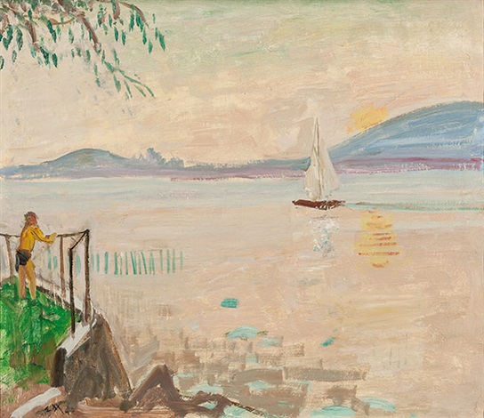 Der Zürichsee mit Segelboot bei untergehender Sonne by Ernst ...