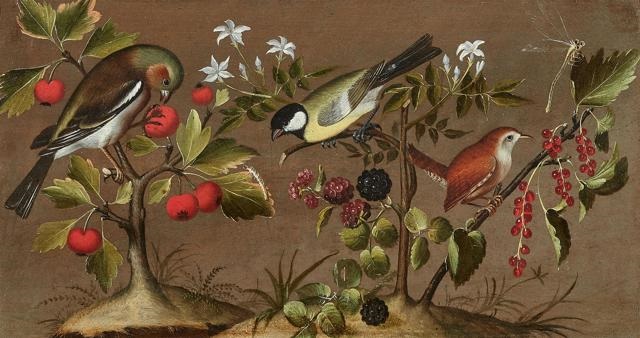 Two Paintings with Three Birds on Flowering Sprigs by Ludger Tom Ring ...
