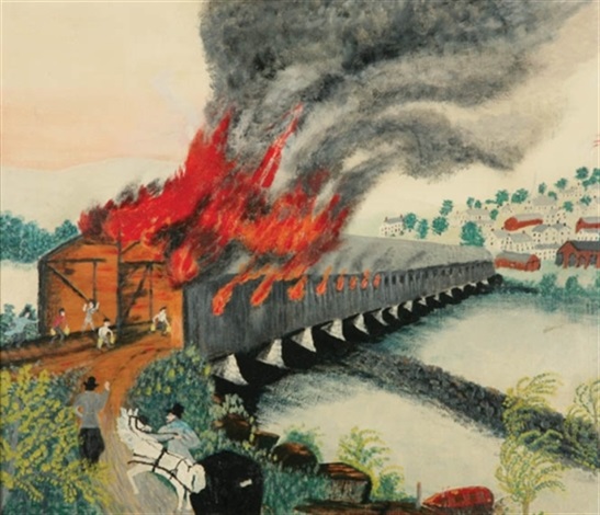 Burning of Troy, NY, 1862 by Grandma Moses on artnet