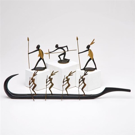 Four sculptures Warriors rowing a canoe and three warrior figures by ...