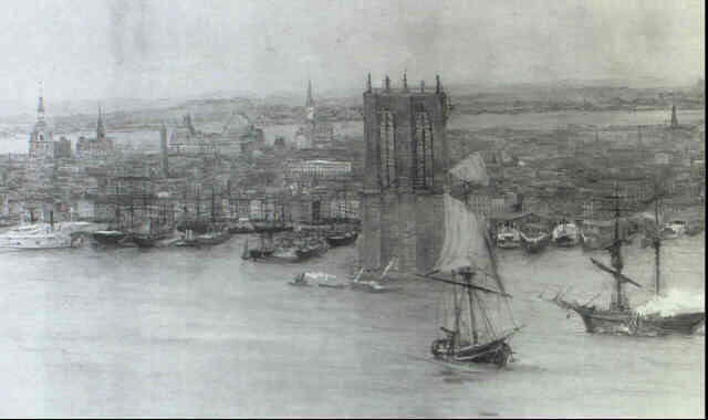 Brooklyn Bridge under construction, looking toward Manhattan by Jules ...