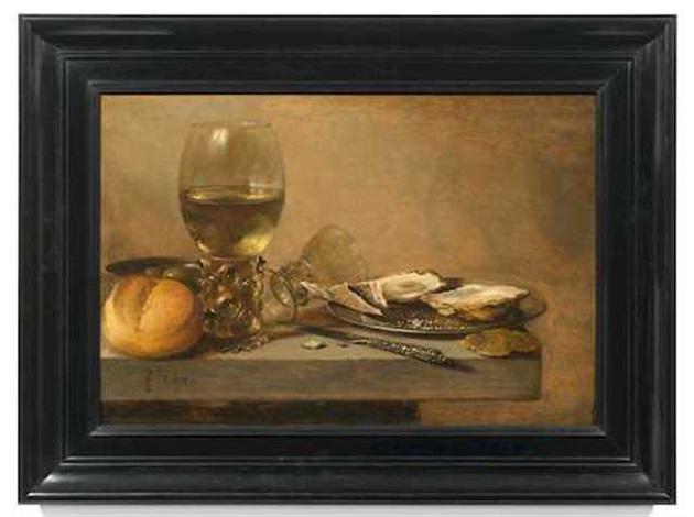 Still life with bread, a Roemer and a Berkemeyer glass lying on its ...