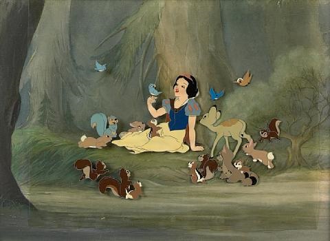 Snow White surrounded by her animal friends from Snow White and the ...