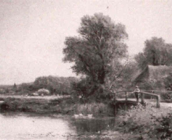 A BOY FISHING FROM A COUNTRY BRIDGE, HARVESTING BEYOND by Henry ...