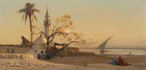 A mosque by the water at dusk by Auguste Louis Veillon on artnet