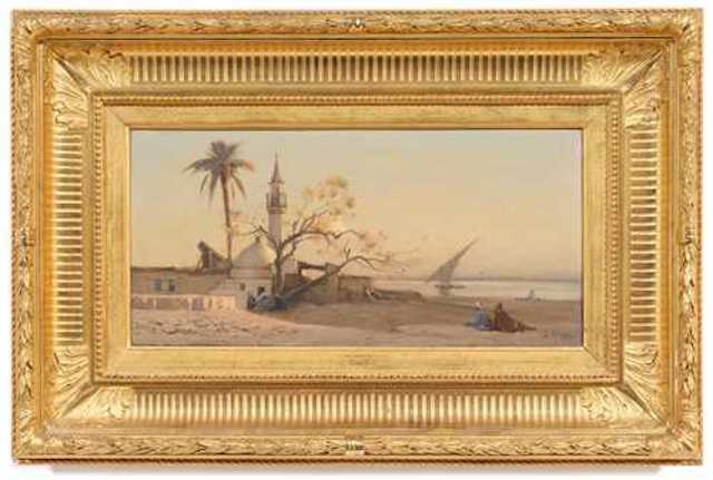 A mosque by the water at dusk by Auguste Louis Veillon on artnet