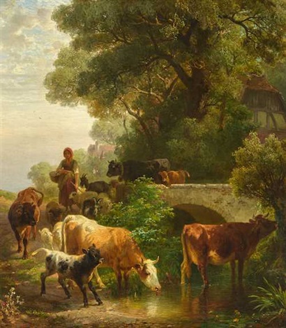 Cows by a river with a bridge by Johann Friedrich Voltz on artnet